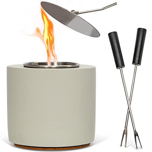 ByRoss Tabletop Fire Pit Kit for Outdoor and Indoor with 2 Forks, 1 Coaster, 1 Extinguisher | Portable Fire Pit Centerpiece | Smores Maker Tabletop Alcohol Fire Pit | Cement Mini Fireplace - Grey