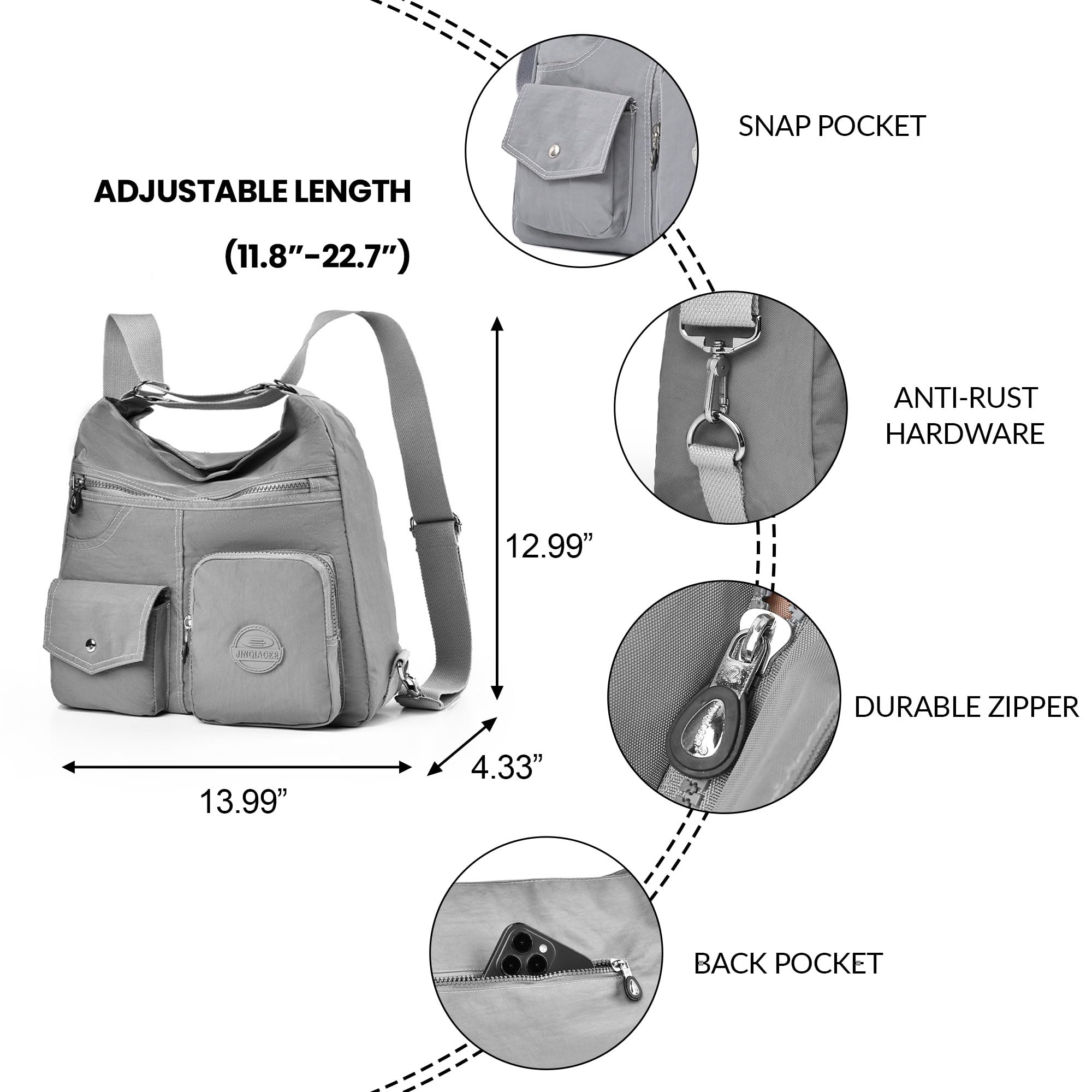 Multipurpose Hobo Purse for Women with Antitheft RFID, Waterproof Nylon Crossbody Bag Shoulder Handbag, Convertible Backpack (Grey)