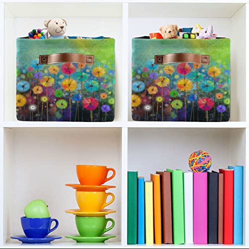 Foldable Storage Basket Green,Spring Flower Decorative Organizer Basket with PU Handles, Baskets for Shelves Home Closet Bedroom Living Room - 1 Pack