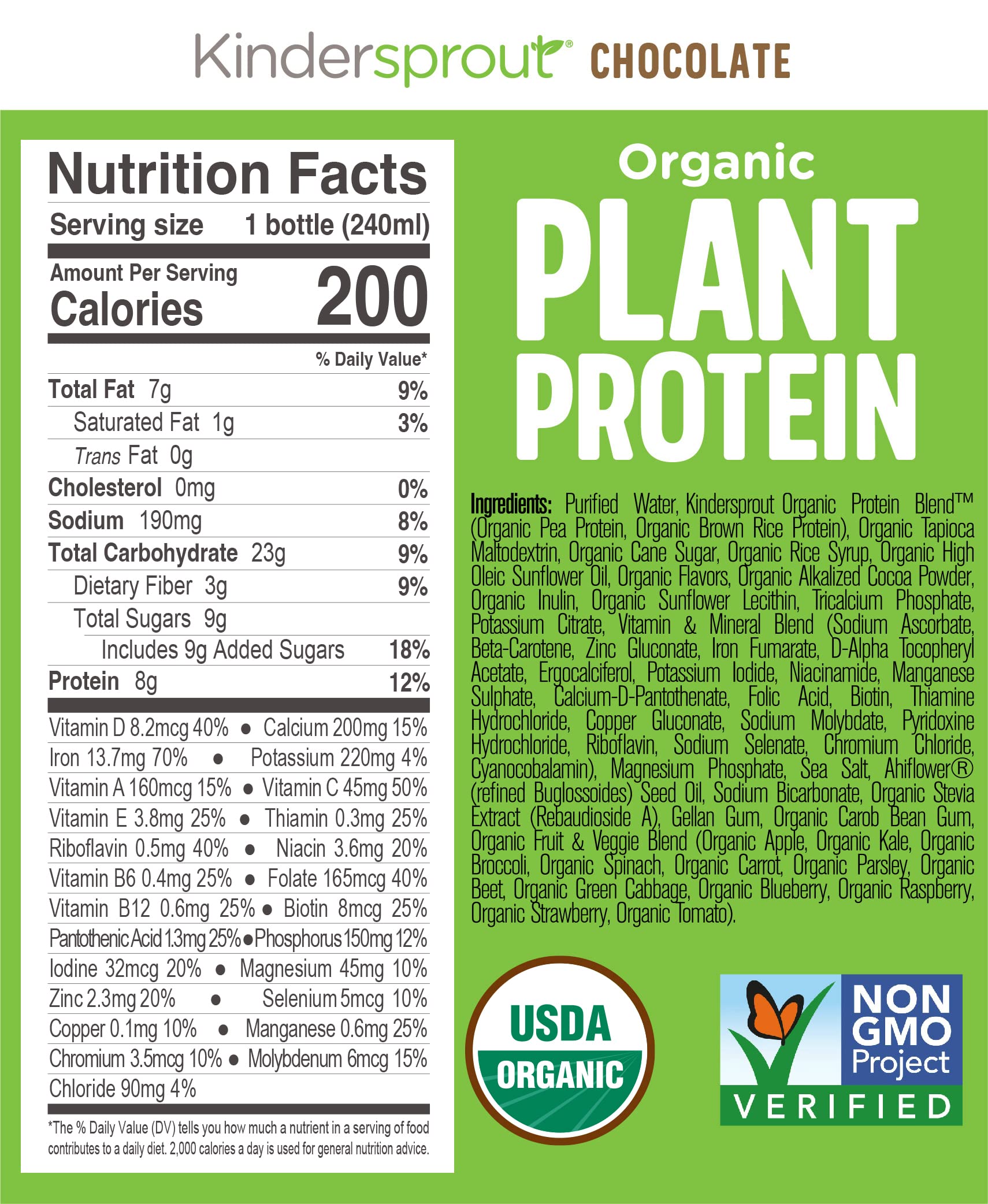 KinderSprout Protein Shake | Organic & Plant Based, Great for Kids | On-the-go and Lunchbox Safe | 28 Vitamins, 8g Plant Protein, 3g Fiber | Doctor Formulated | Chocolate, 12-pack