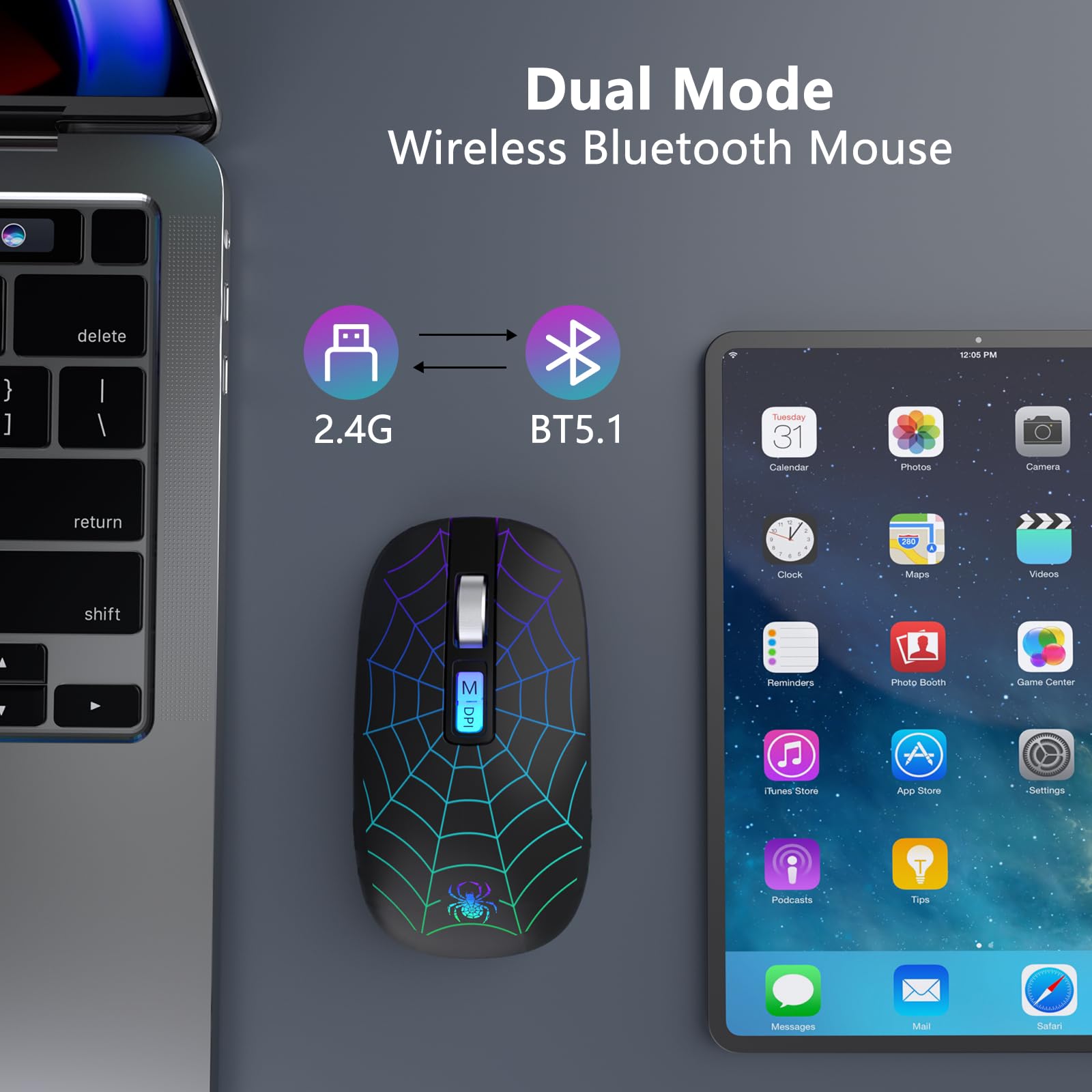 HOTLIFE Wireless Mouse,Wireless Bluetooth Mouse for Laptop - LED Computer Mice (Bluetooth 5.1 +USB) - Rechargeable Mouse - 2.4G Portable Tpye-c Mouse - Wireless Mouse for PC, Mac OS, Android, Windows