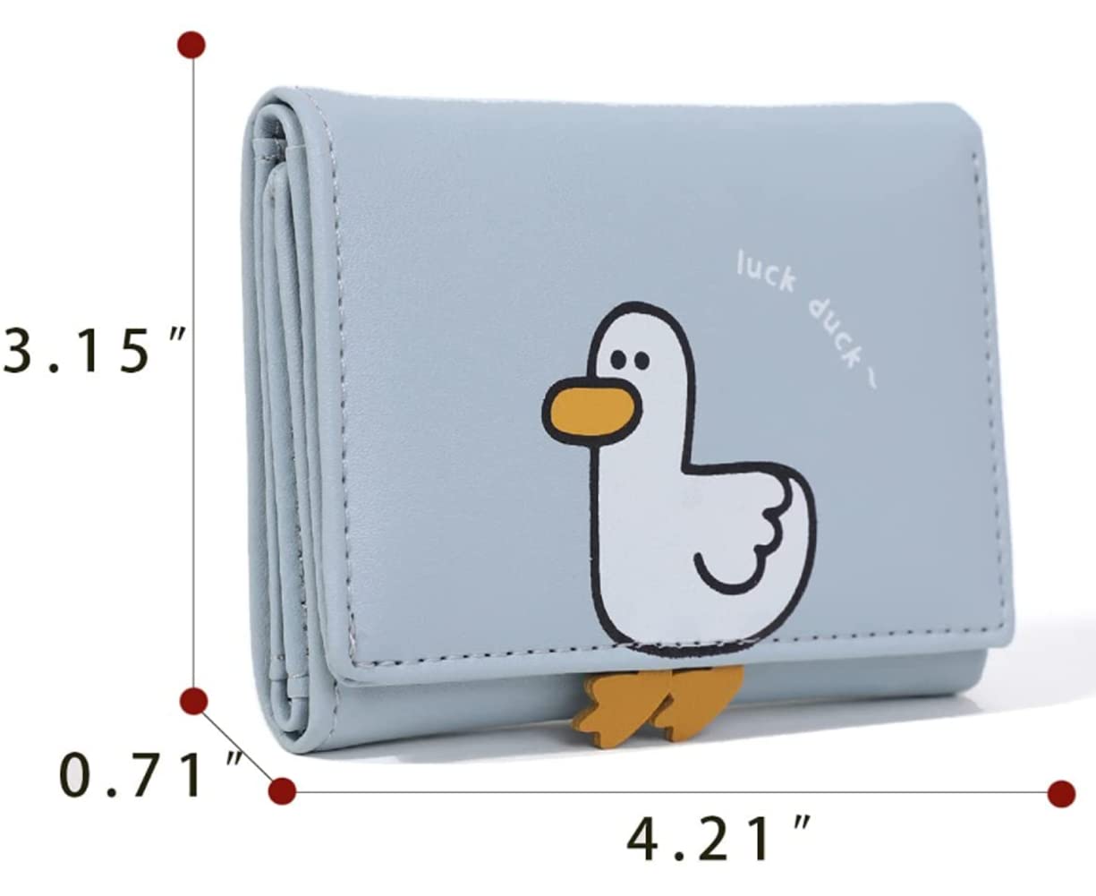YaJaMa Women Wallet Cute Duck Rabbit Small Trifold Credit Card Case Organizer ID Window for Teen Girls (Blue Duck)