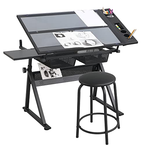 Lamerge Glass Drafting Table with Stool, Drawing Desk for Adults/Artists 2 Storage Drawers,Height Adjustable 0-75° Tilting Home Office, Black (Drafting Table001)