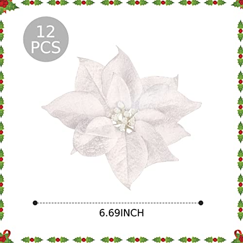 MOONET 12 Pcs Christmas Tree Decor Flowers Artificial Flannel Fabric Flowers with Clips Ornaments for Christmas Party Wedding, 6.69 inch (White)