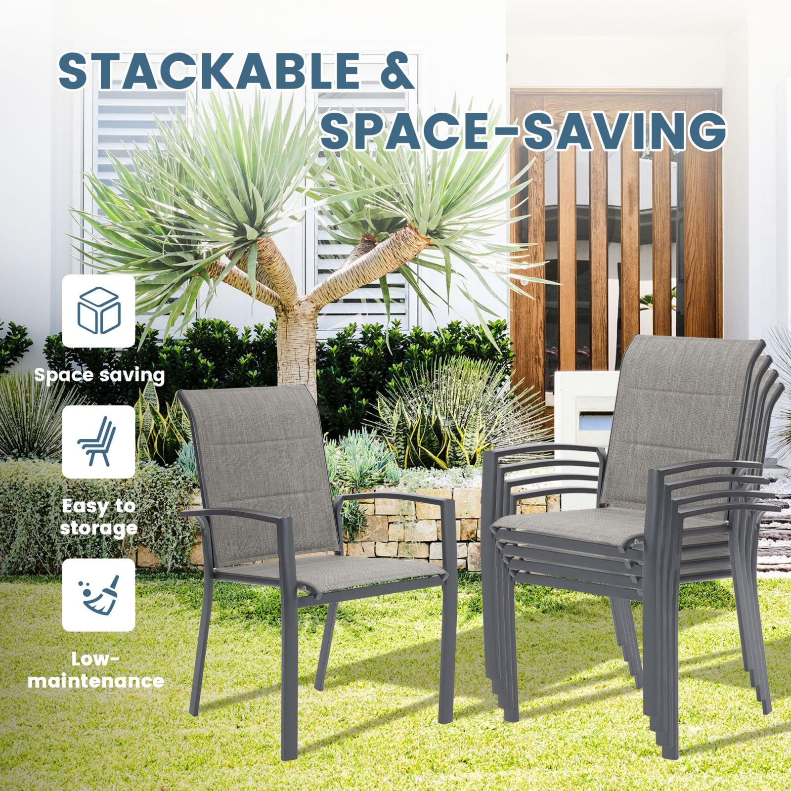 DIFY Patio Dining Chairs Set of 2, Stackable Outdoor Metal Chairs for Garden, Porch and Lawn, Grey