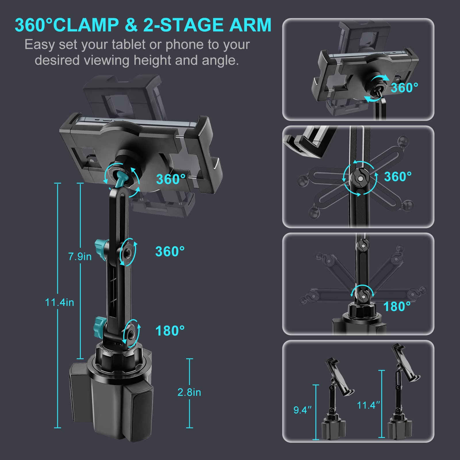 Car Cup Holder Tablet Mount Holder, 360° Adjustable Long 2-Arm Stand for iPad Pro 12.9/11/10.5/9.7/Air/Mini 6/5/4, Samsung Galaxy Tab/Z Fold 4/3, Amazon Fire HD, iPhone 14/Pro, 4.7-12.9" Tab & Phone