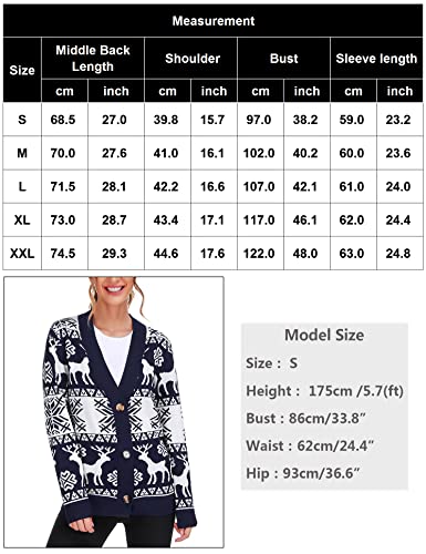 Cowasto Women's Reindeer Knitted Christmas Cardigan Sweater Comfy Button Up Casual Open Front Festive Sweaters Navy Blue X-Large