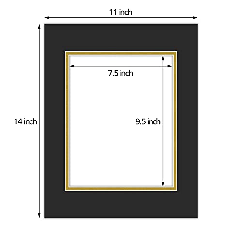 Golden State Art, 11x14 Double Mats for 8x10 - for Photos, Pictures, Frames - Acid-Free, 5 Pack, Black Over Old Gold