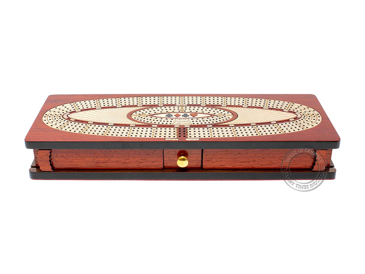 House of Cribbage - Continuous Cribbage Board/Box Inlaid in Blood Wood/Maple : 4 Track - Sliding Lids, Drawer & Metal Pegs with Score Marking Fields for Skunks, Corners and Won Games