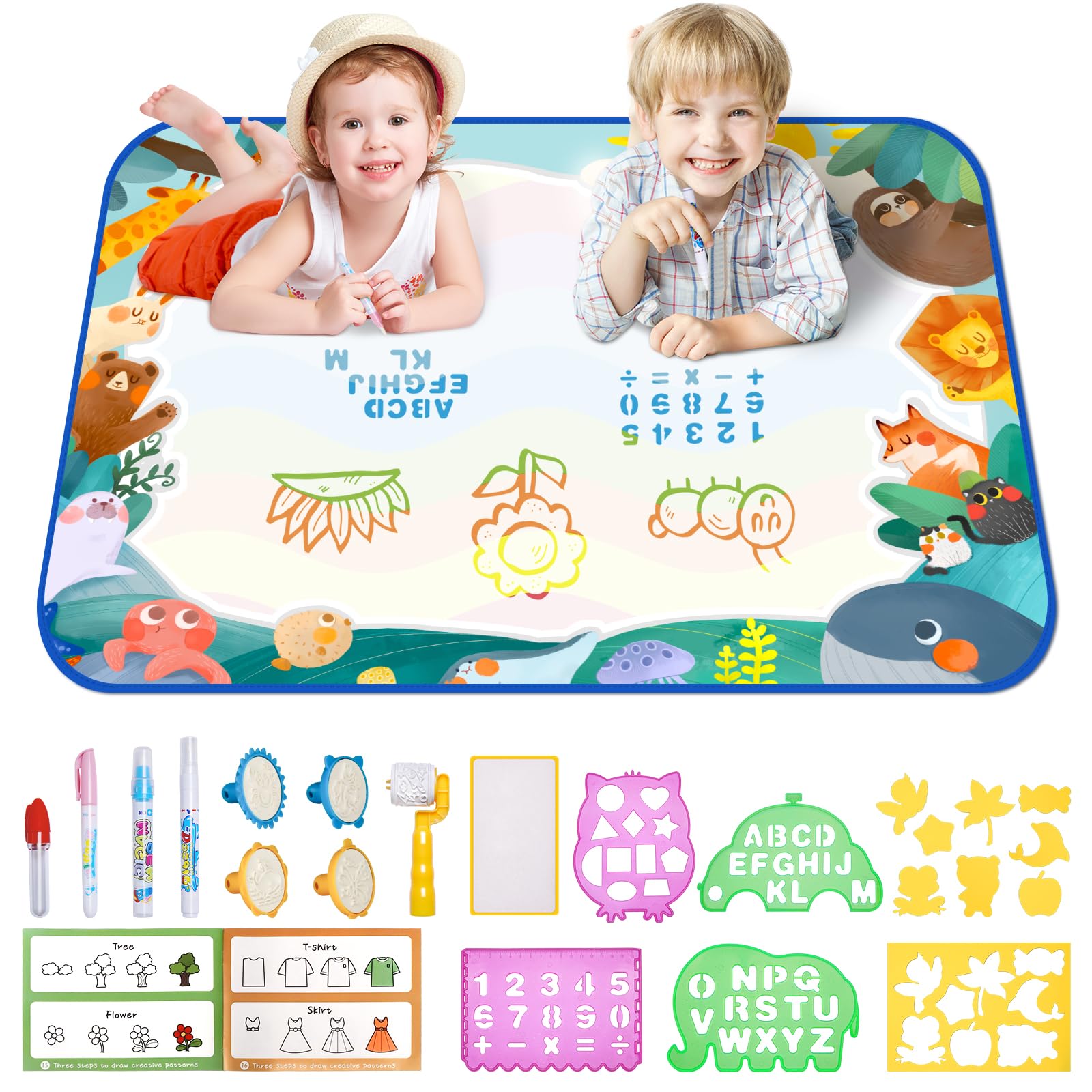 bemece Water Doodle Mat, Aqua Painting Drawing Mat, Mess Free Learning Toy Mat Early Education Gifts for Kids ChildrenToddlers Aged 3 4 5 6 7 Years Old