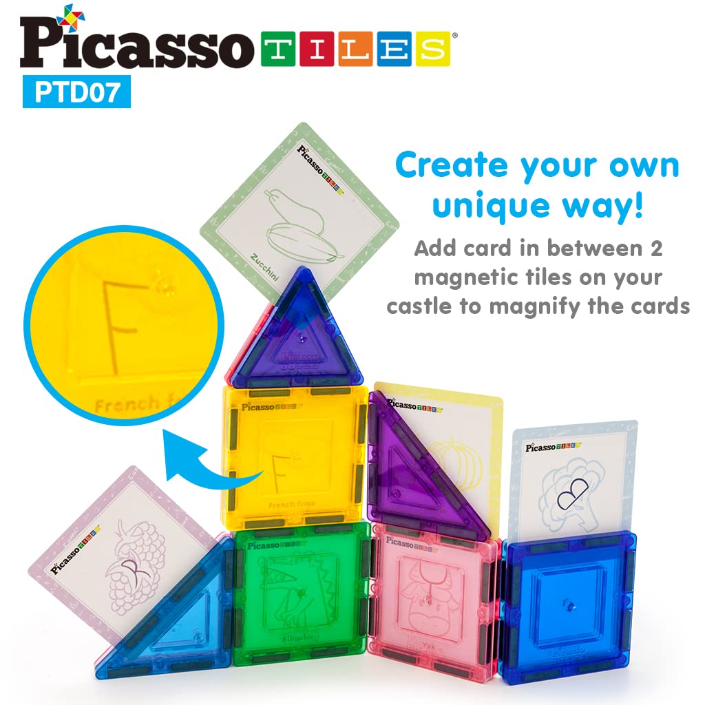 PicassoTiles Magnetic Building Tiles Learning Set with Animal, Food and Letters Card Magnet Block Combo Set Attachable Magnify STEM Educational Construction Set for Boys & Girls Ages 3+