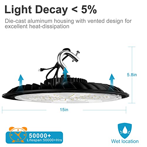 Lightdot 4Pack 250W LED High Bay Light 35000lm (Eqv.1000W MH/HPS) Commercial Bay Lighting, 5000K Daylight LED UFO High Bay with US Plug for Garage/Barn, Energy Saving Upto 1840KW*4/Y(5Hrs/Day)