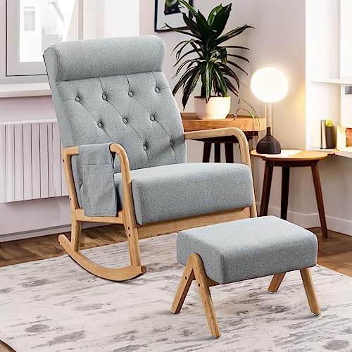 NOBLEMOOD Nursery Rocking Chair with Ottoman, Modern Indoor Baby Nursing Glider Rocker Chair with Free Lumbar Pillow Wooden Armrest for Living Room (Burlywood + Gray)
