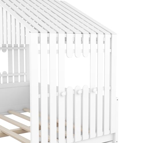 DRELOFT Full Size Low Loft Bed, Wooden House Shaped Loft Bed Frame with 4 Storage Drawers for Kids Teens Boys Girls, Easy Assembly, No Box Spring Needed, White