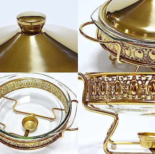 Hotpot Buffet Warmer Round Glass Buffet Warmer Multifunctional Solid Fuel Boiler Suitable for Kitchen Catering Wedding Party Events (Gold)