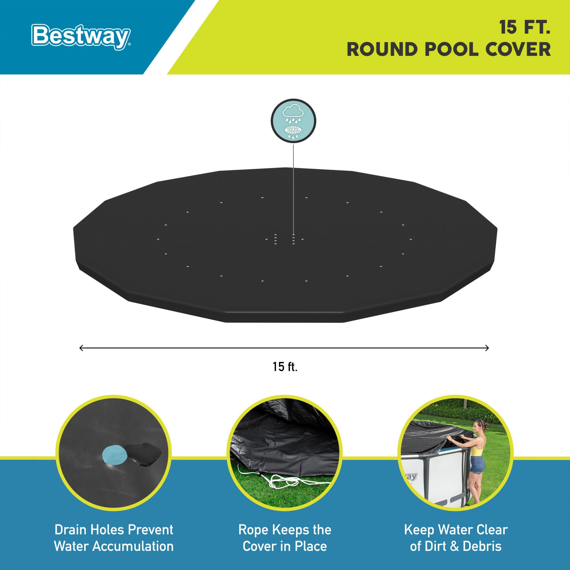 Bestway Flowclear PVC Round 15 Foot Pool Cover for Above Ground Frame Pools with Drain Holes and Secure Tie-Down Ropes, Black (Cover Only)