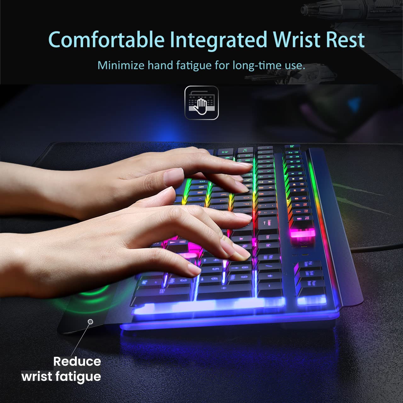 HovingTech Gaming Keyboard, USB Wired Keyboard with Metal Panel Rainbow Backlight, LED Illuminated Ergonomic Wrist Rest, Shortcuts, 19-Key Anti-Ghosting, Laptop & Desktop PC Computer Black