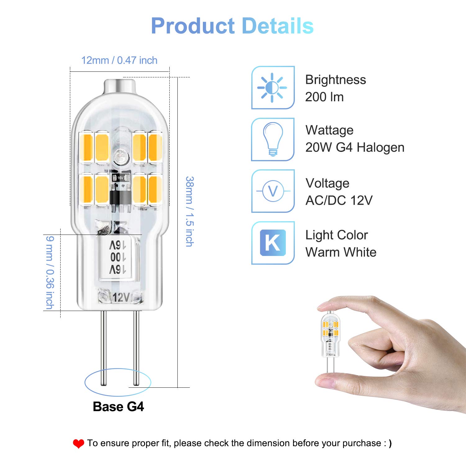 G4 LED Bulb 2W 12V, 20W Halogen JC Bulb Replacement, G4 Bi Pin Bulb, Warm White 3000K 200lm, No Flickering, 10-Pack
