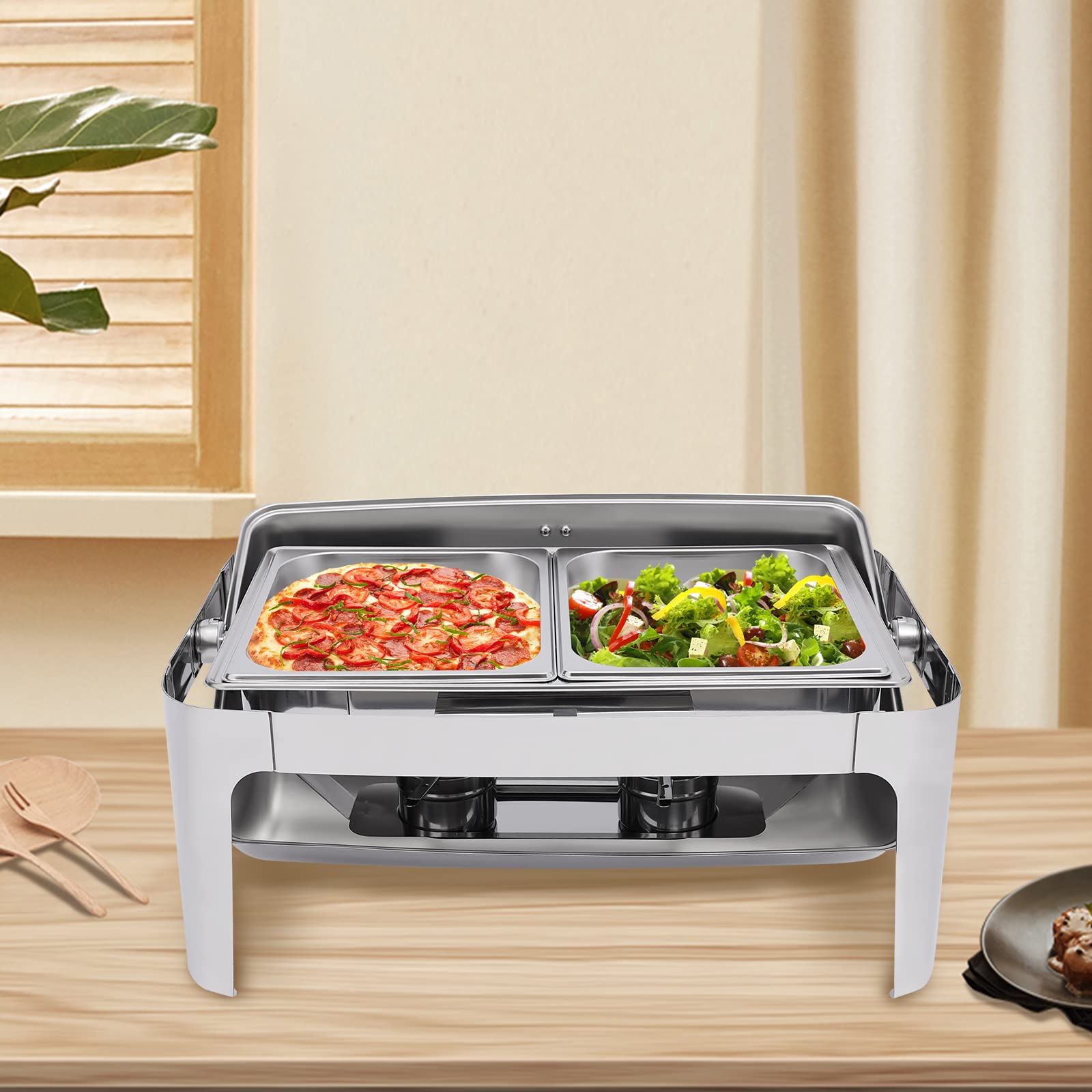 BANLICALI 2 Pan Chafing Dish, Stainless Steel Roll Top Chafing Dish Buffet Set, 9L/9.5QT Commercial Chafer Chafers Catering Rolling Buffet Servers with Warmers for Party Hotels Silver 400W 110V