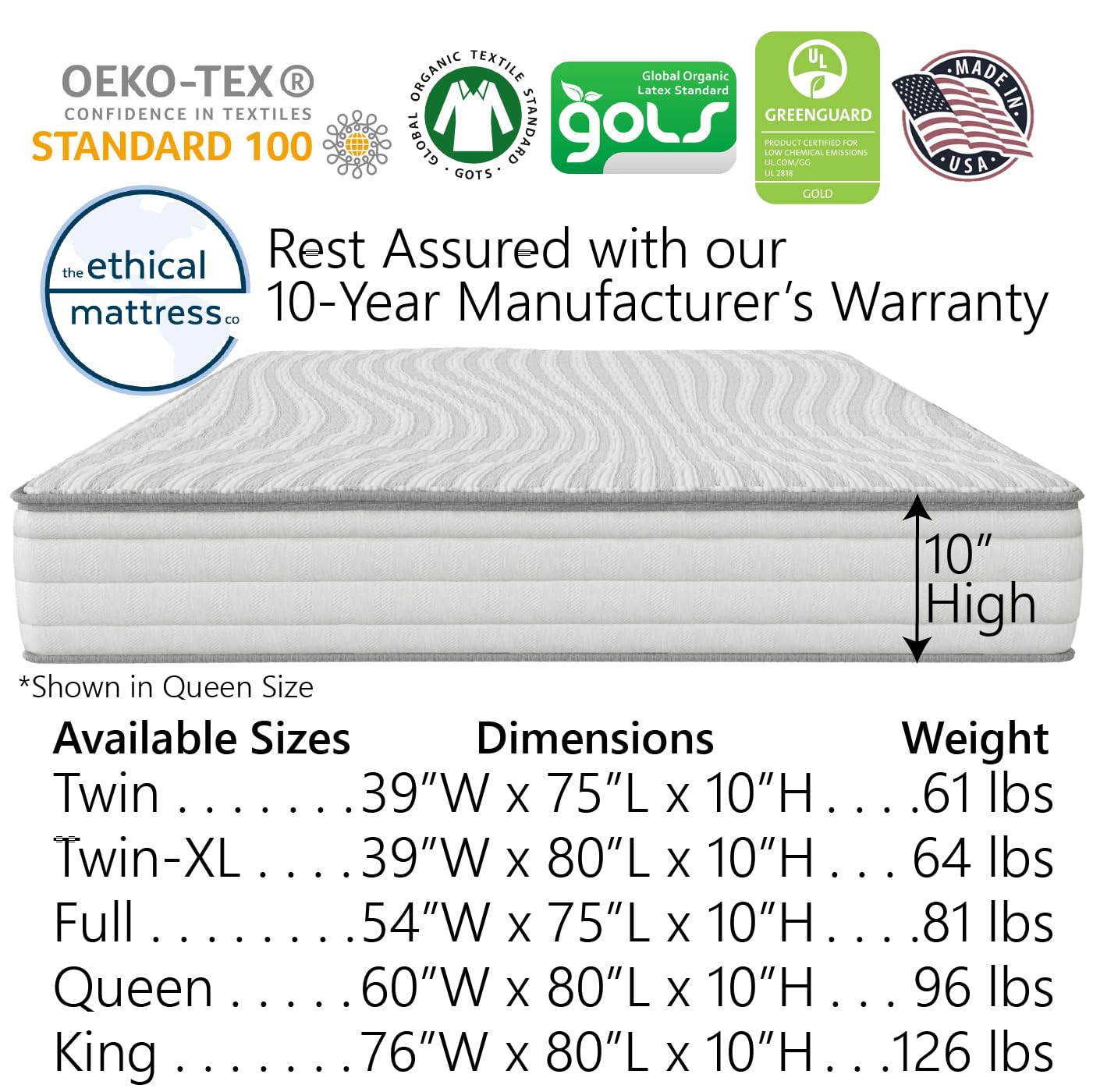 Ethical Mattress CO 10" Toxin-Free Hybrid Mattress, Made in USA with Organic Cotton, Wool, Latex & Pocketed Coils (Mattress-in-a-Box) Comfortable & Supportive for All Ages - Full Size