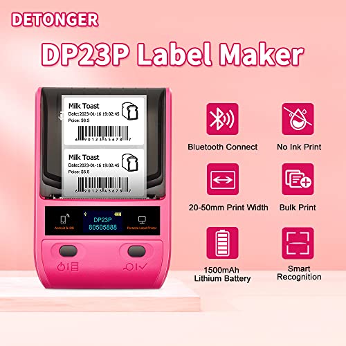 DETONGER Label Maker DP23P Thermal Portable Bluetooth Barcode Label Maker with 1 Pack 50x30mm Label Sticker for Home Office Organization Commercial Use, Android & iOS,Red