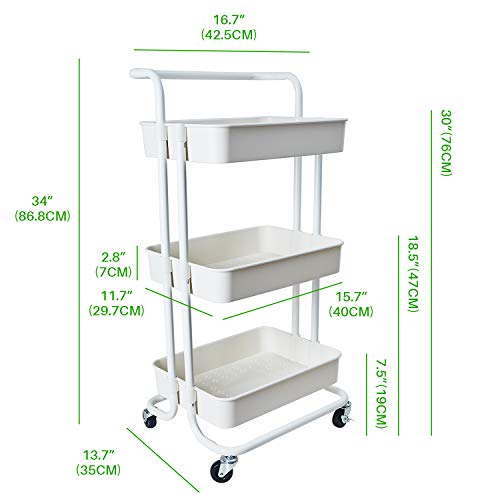 HOUSE DAY 3-Tier Rolling Utility Cart Storage Organization Shelves with Handle and Lockable Wheels Multifunction Storage Trolley Service Cart Easy Assembly for Kitchen, Bathroom, Office (White)