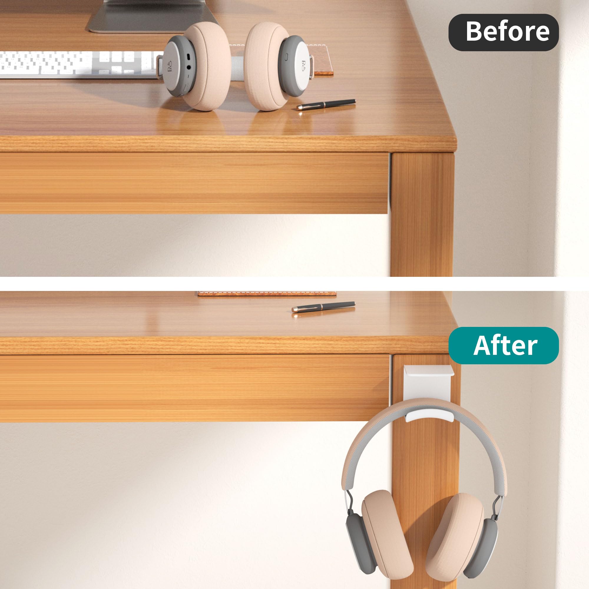 HomeMount Headphone Hook Under Desk - Headphone Holder Under Table, Adhesive Gaming Headphone Stand Hanger Desk Mount for Most Headphone(White-2P)