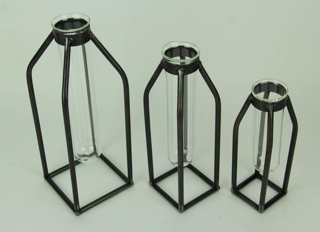 Modern Art Glass Tube Bud Vase with Metal Cage Frame Set of 3