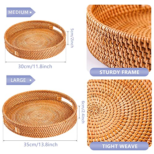 FIYAMMY Large Round Rattan Serving Tray Set of 2, Woven Tray with Handles Serving Basket Wicker Fruit Bread Serving Basket for Coffee Table(13.8in x 2.8in;11.8in x 2.4in)
