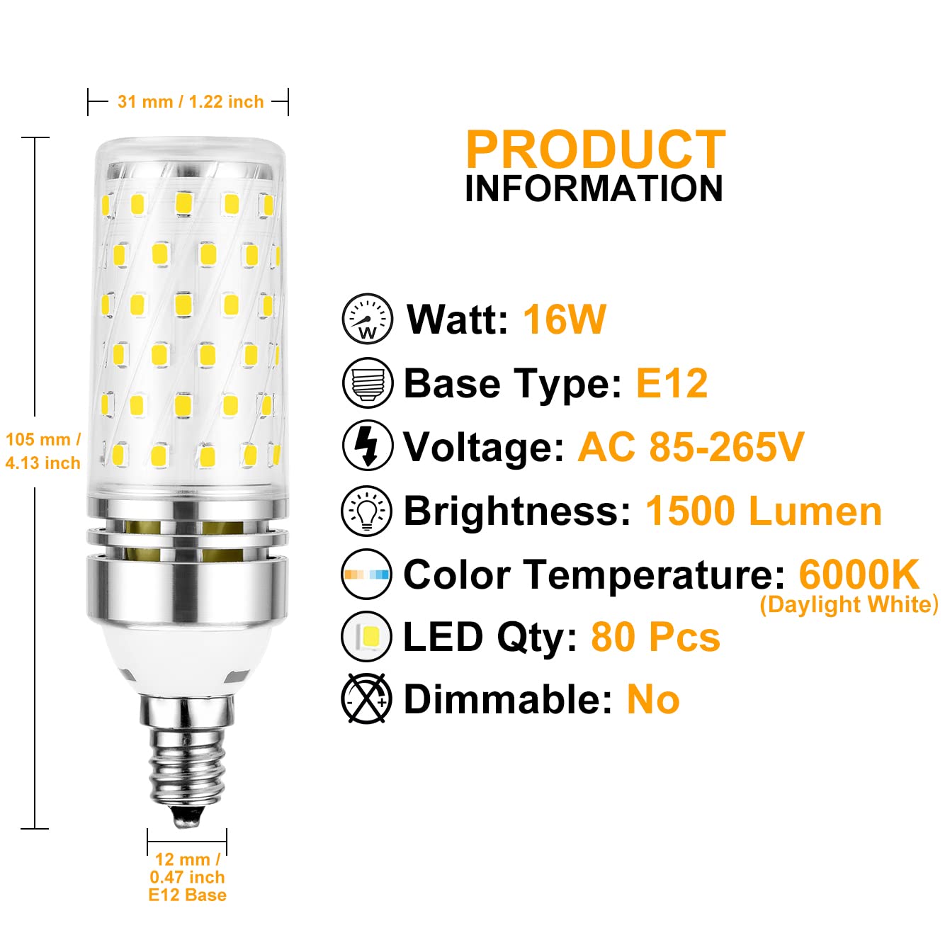 E12 LED bulb,16W candelabra LED light bulb,daylight white 6000K,100 Watt equivalent incandescent light bulbs,ceiling fan light bulbs,LED chandelier bulbs,1500lm LED bulbs,Non-dimmable E12 bulb,4 Pack