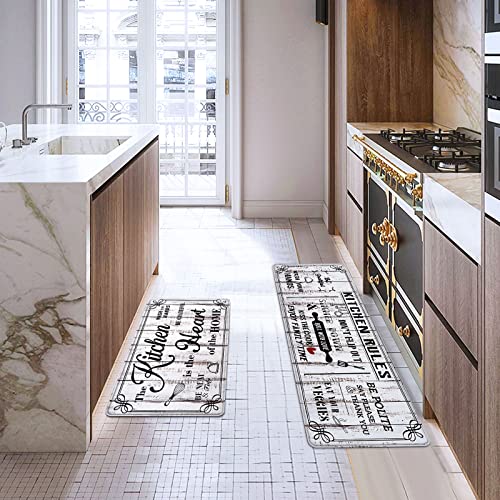 Farmhouse Kitchen Rugs Sets of 2, Personalized Kitchen Mats Cushioned Anti fatigue, Wooden Kitchen Rugs Non Slip Washable, White Kitchen Floor Mats for in Front of Sink, 18'' x 48'' + 18'' x 30''