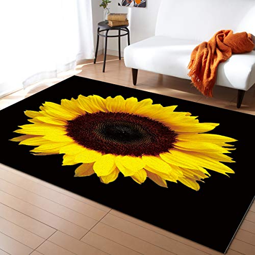 Large Rectangular Area Rugs 5' x 7' Living Room, Farm Sunflower Round Durable Non Slip Rug Carpet Floor Mat for Bedroom Bedside Outdoor Black Backdrop Yellow Floral