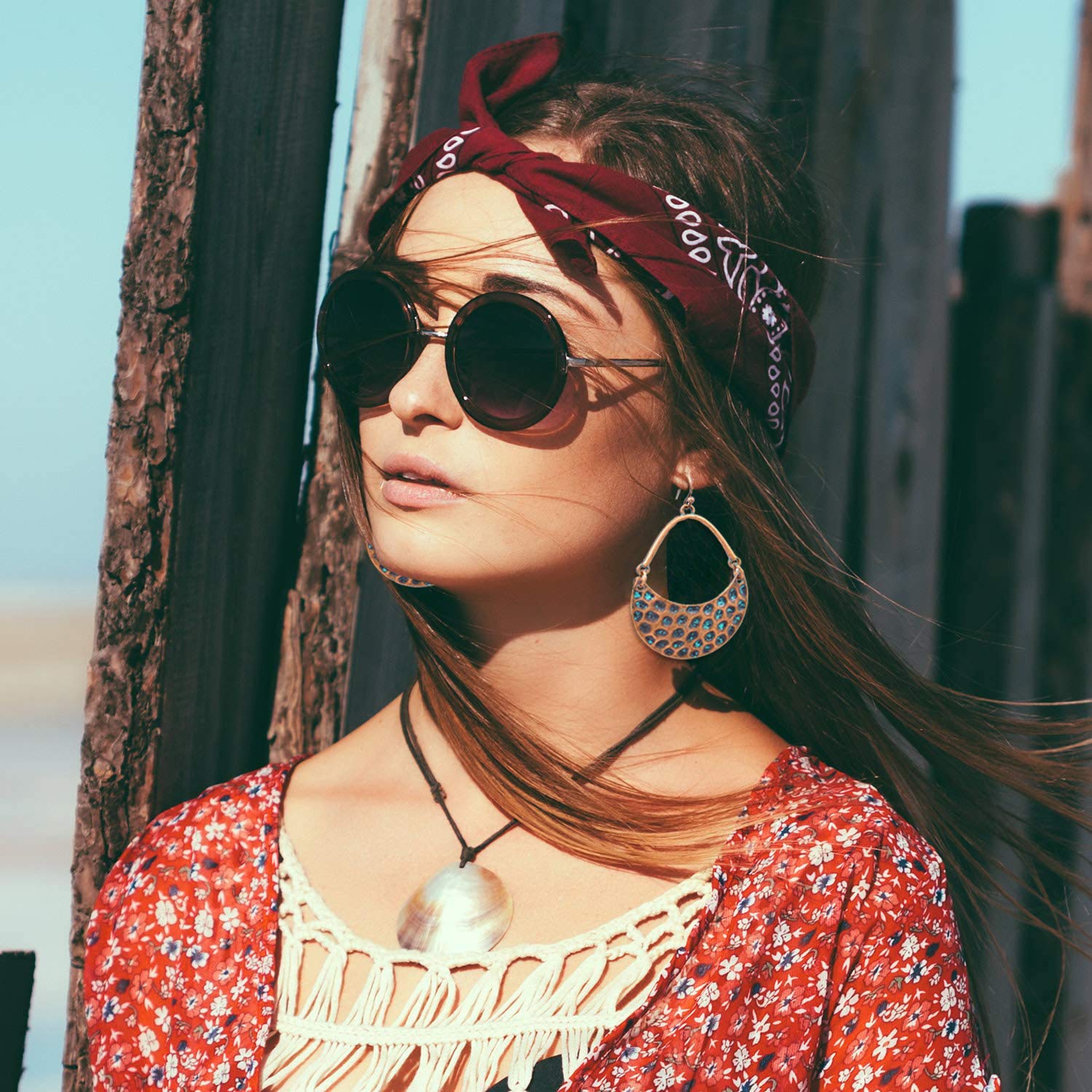 Boho Dangle Earrings Set for Women Long Tassel Dangles Earrings National Style Leather Leaf Drop Earrings Vintage Heart Shell Wooden Beads Hoop Earrings for Holiday