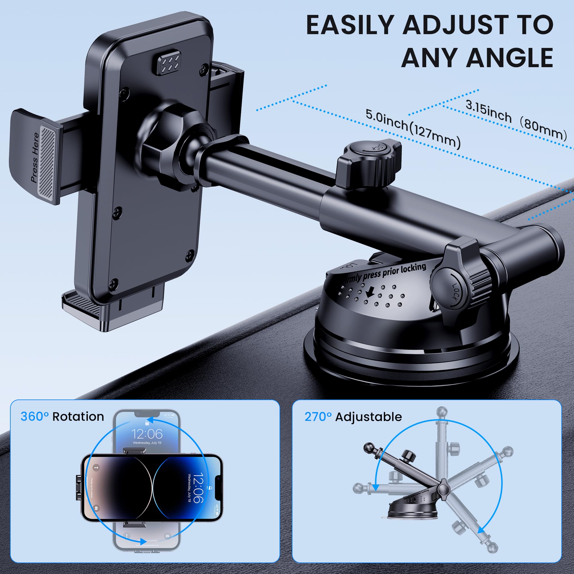 BIVGAZA Universal Car Phone Mount with Super Strong Suction Cup, Thick Case Friendly, Adjustable Telescopic Arm, Compatible with All Smartphones