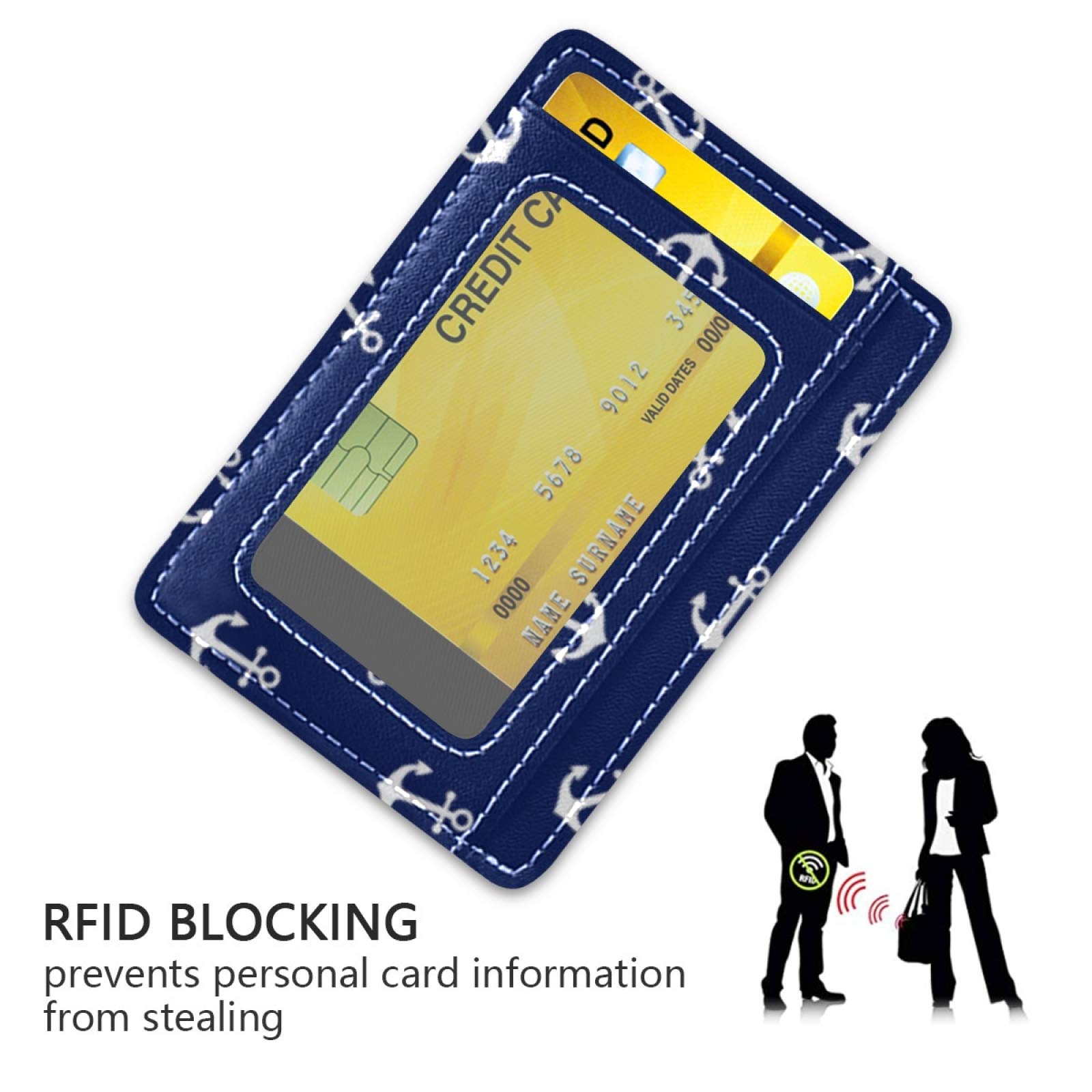 Linomo Thin leather Card Holder and Money Clip Nautical Anchor Pattern Wallet RFID Blocking for Men & Women