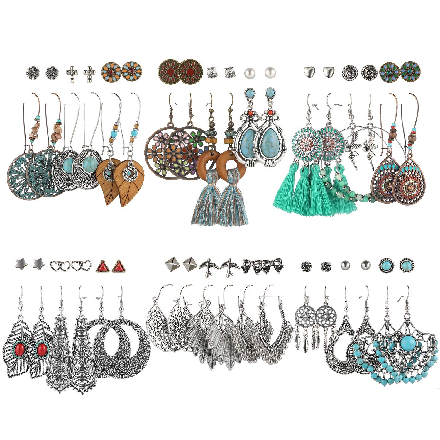 Boho Earrings for Women, Funtopia 36 Pairs Fashion Drop Dangle Earrings Vintage Statement Stud Earrings for Valentine Birthday Party