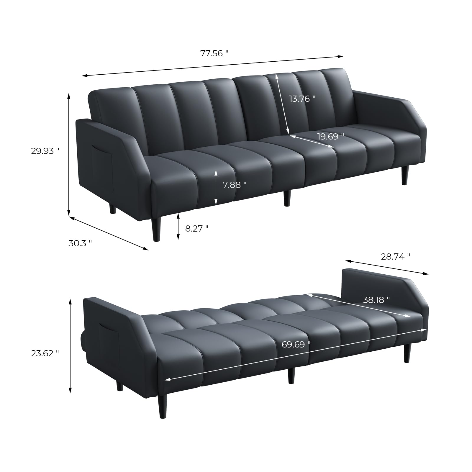 COPIAE Leather Futon Sofa Bed Couch, Piano Key Design 78β Faux Leather Sofa, Adjustable Backrest, Sleeper Sofa Couch, Modern Decor Love Seat Couches, Upholstered Loveseat for Living Room, Grey