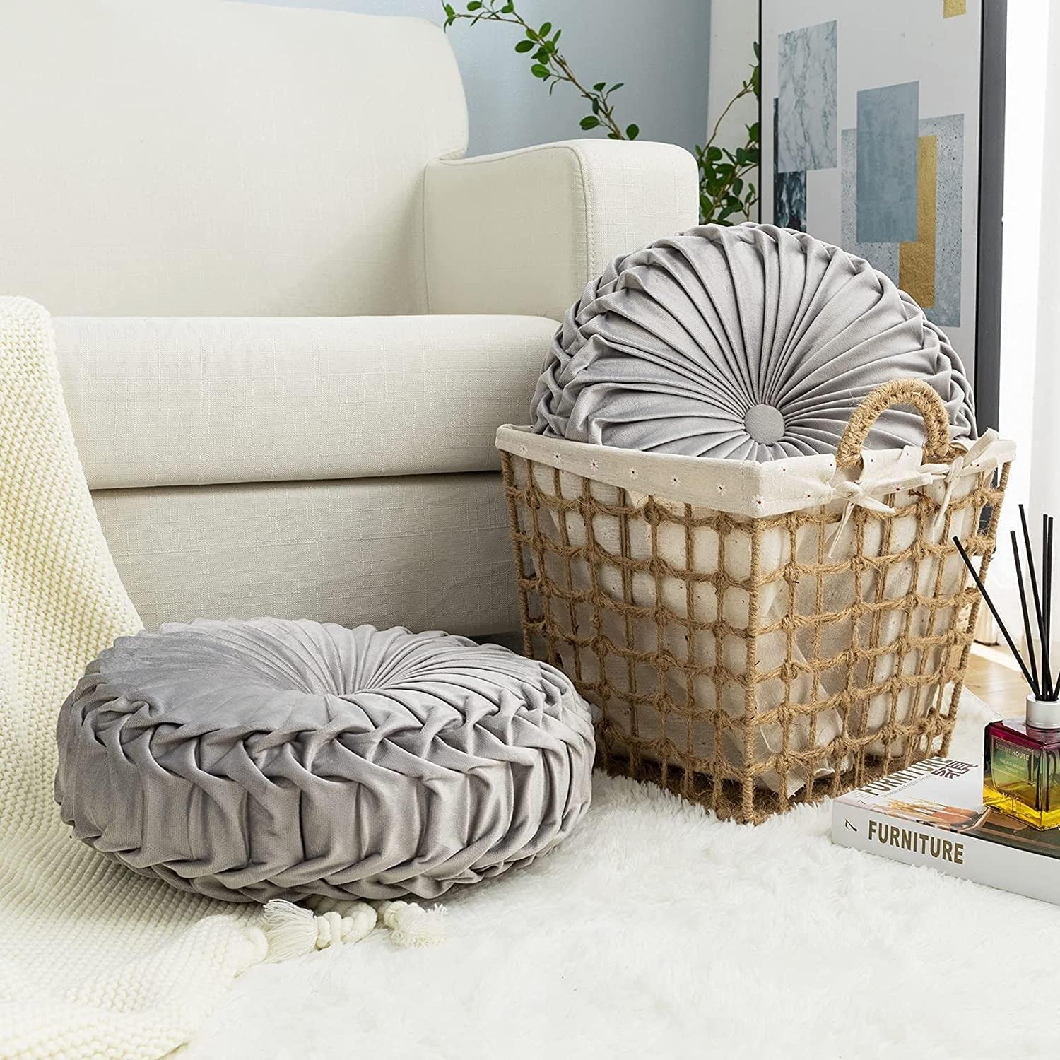 FONORAN Round Throw Pillows,Home 15.7 Round Floor Cushions Pillow,Handcrafted Pumpkin Velvet Home Decorative Back Pillow Cushion for Sofa Couch Chair Bed (Gray)