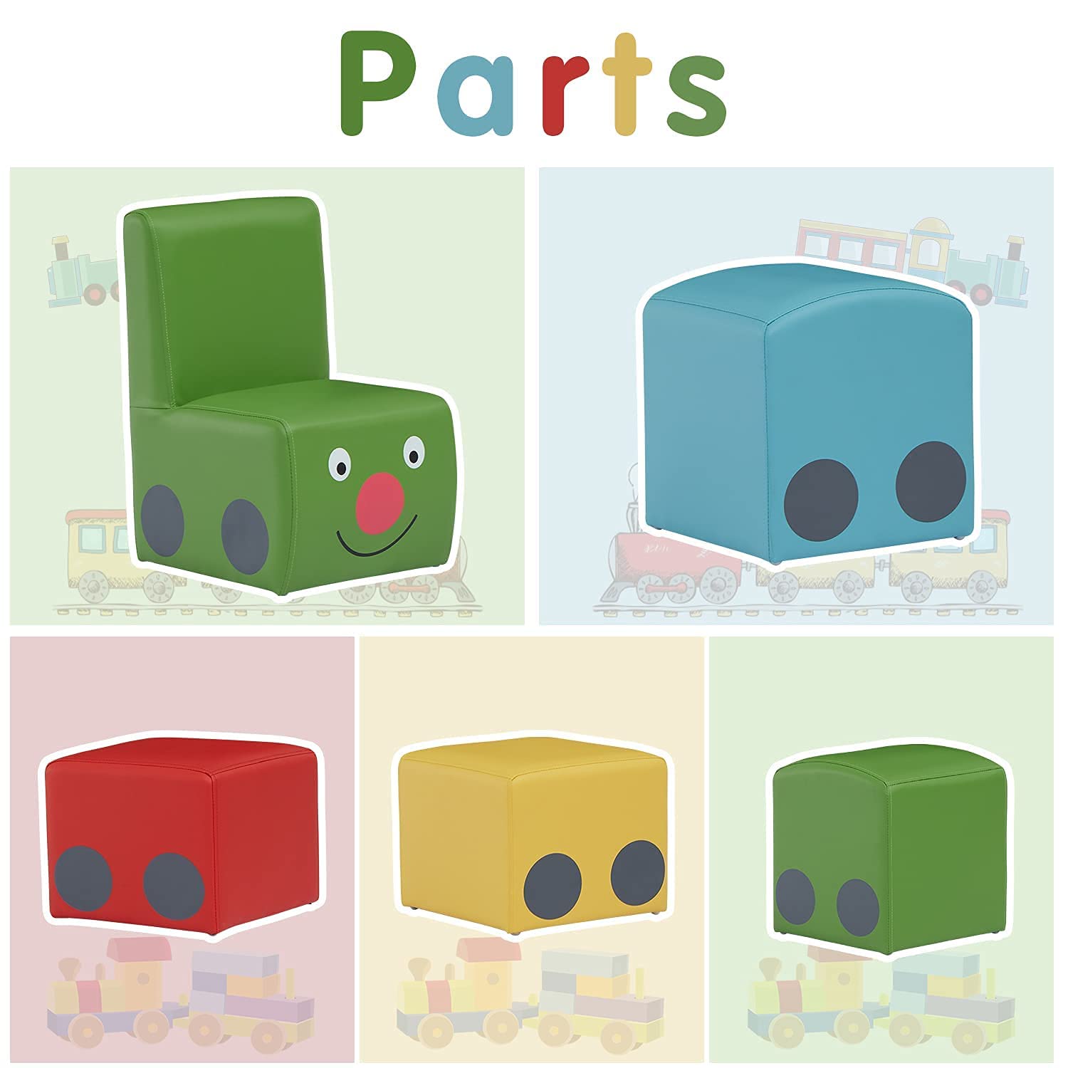 Kinsuite 5 Pcs Kids Sofa Set - Soft Foam Stool Colorful Cartoon Leather Chair for Classroom Daycares Kindergarten Nursery Train