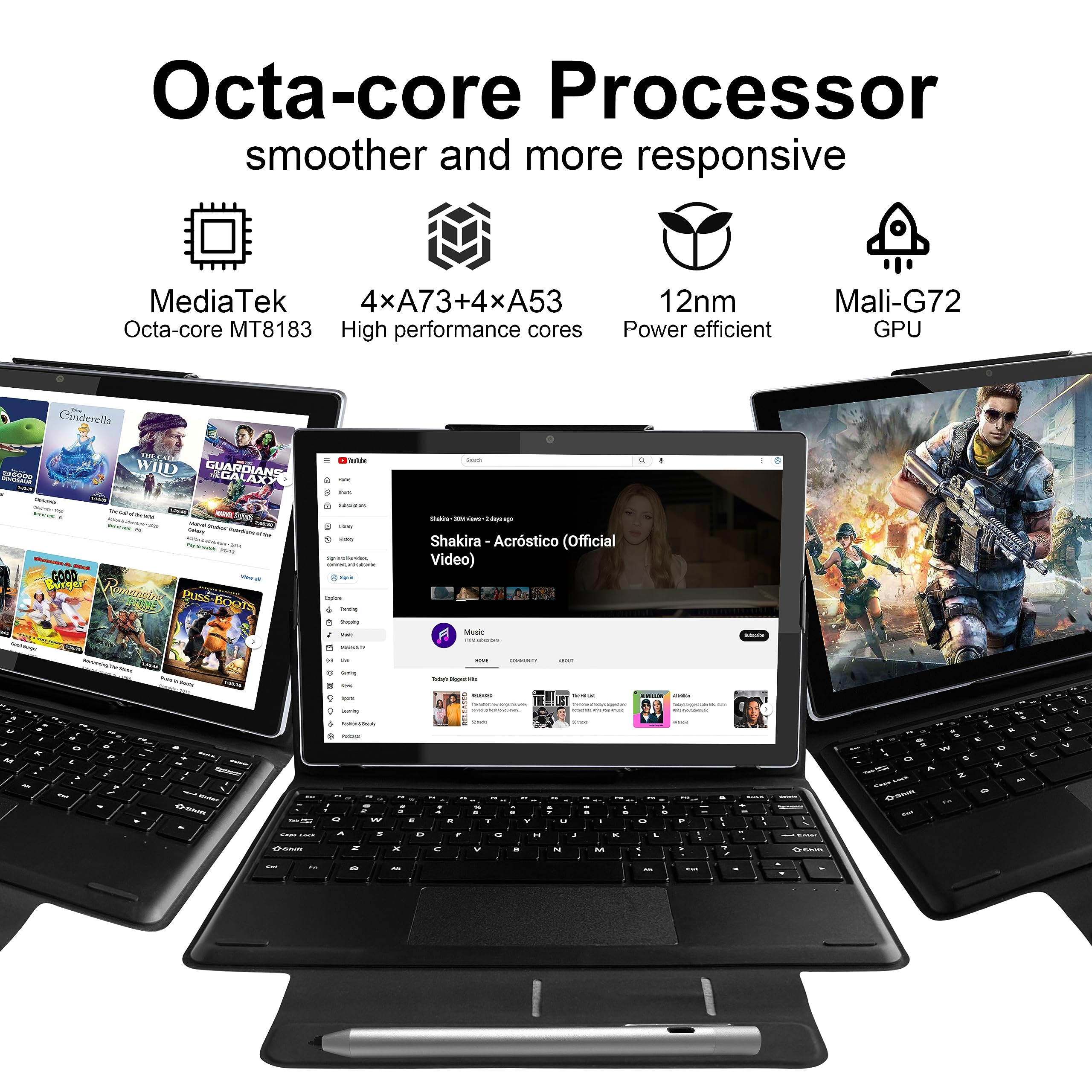 BYYBUO Tablet 10.1 inch, 2 in 1 Android 12 Tablets with Keyboard Case, 4GB+128GB,1920x1200 FHD Display,7000mAh Battery,Octa-Core Processor,5G+2.4G WiFi,Bluetooth,GPS,FM,Metal Body (2023 Newest)