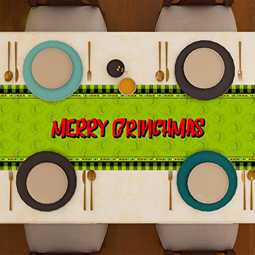 FARMNALL Linen Green Christmas Table Runner Merry Grinchmas Tablecloth Christmas Xmas Winter Holiday Home Kitchen Table Decorations 13x72 Inch