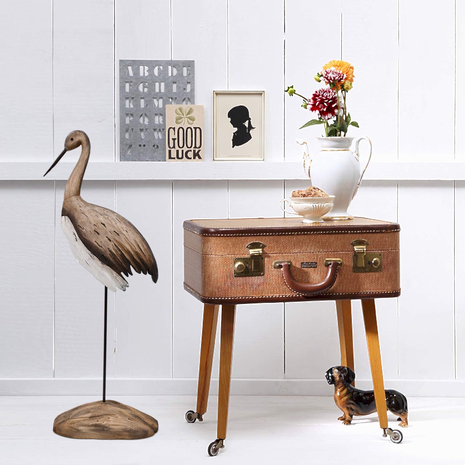 K KILIPES Rustic Heron Statue Bird Sculpture Wood Crane Figurines Home Decor Decorative Animal Crane Statue Garden Decor