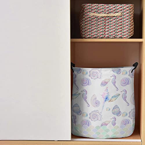 Laundry Basket Hamper with Handles, Beach Themed Waterproof Laundry Bin Foldable Clothes Basket for Storage Toys and Clothing Ocean Shells Starfish Illustraction 13.8x17 Inch