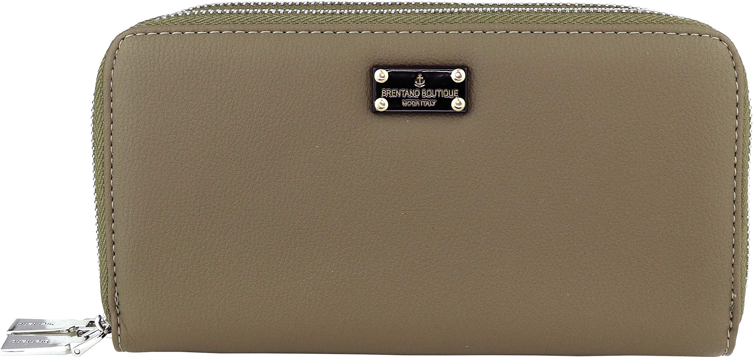 B BRENTANO Vegan Double-Zipper Wallet Clutch with Removable Wrist Strap (Olive PL)