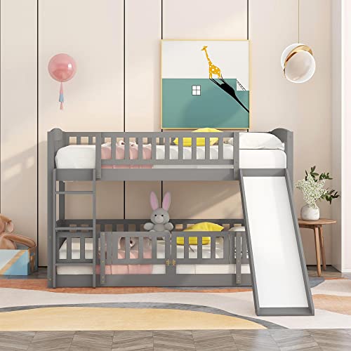 BIADNBZ Twin Over Twin Bunk Bed with Slide, Fence and Ladder, Solid Wood Low Bunkbed Bedframe for Kids Boys Girls Bedroom, Gray