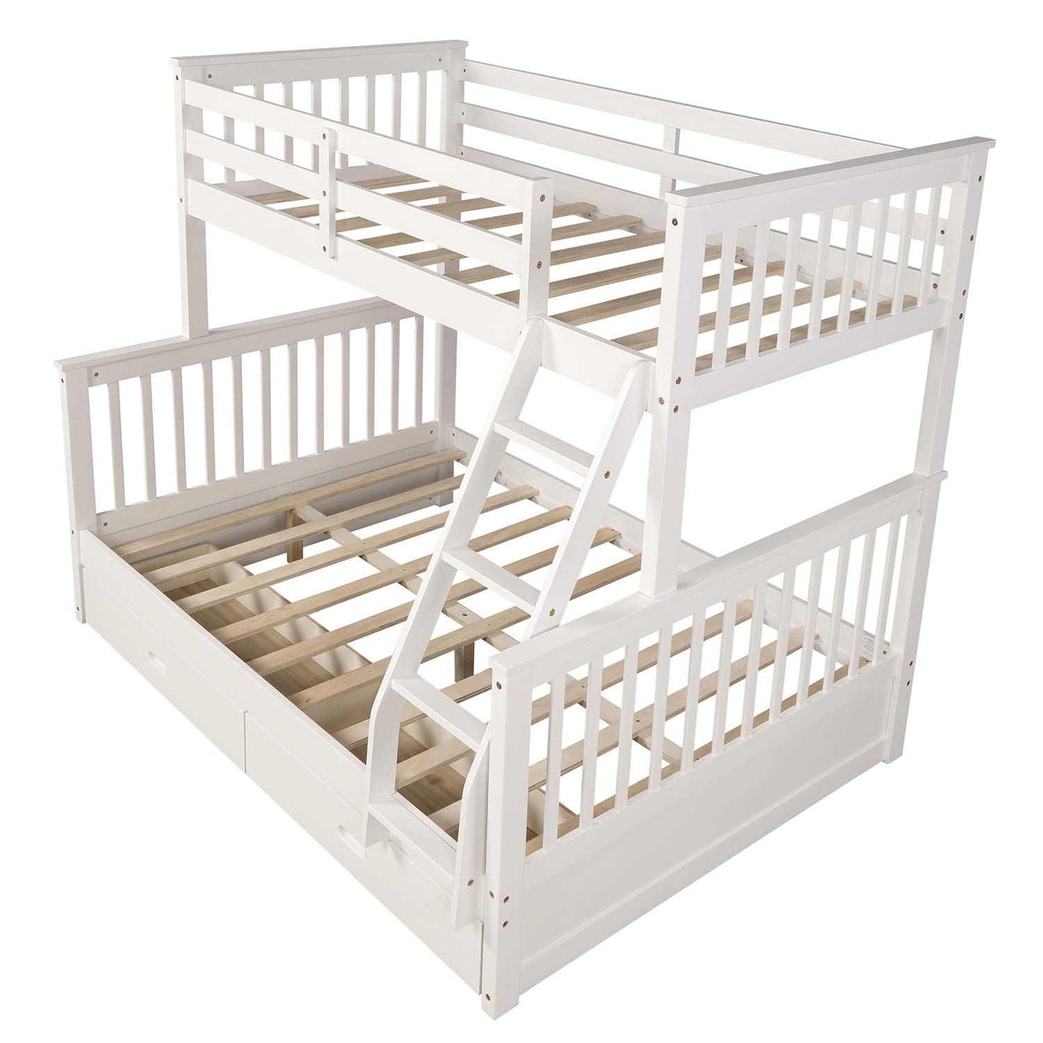 DS-HOMEPORT Twin Over Full Bunk Bed with Two Storage Drawers, Wooden Bunk Beds Frame w/Safety Guardrail & Ladder, Soild Wood Space-Saving Bunkbed for Bedroom Kids Teens Adults(White)