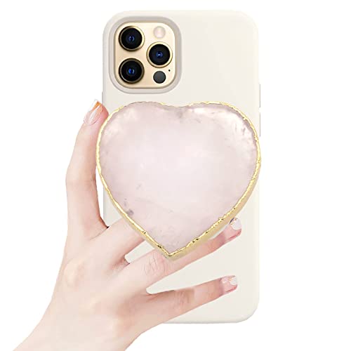 LCLUCKYLK Crystal Phone Grip Holder - Mobile Phone Grip Gemstone Natural Stone Crystal Phone Grip Irregular Shape Design with Golden Trimmed Edges for Cell Phone and Tablets (White Heart)