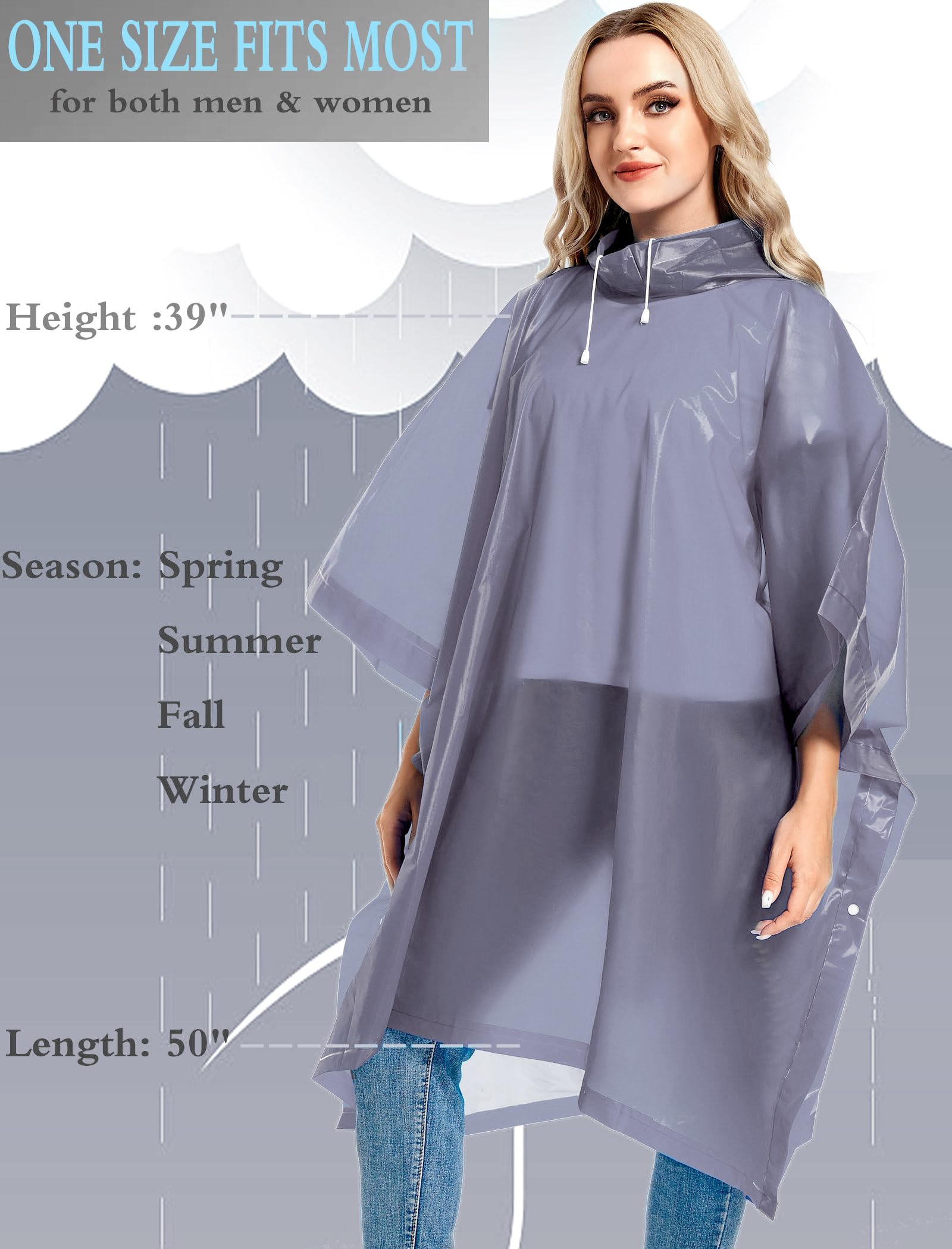 Borogo 2 Pack Rain Ponchos for Adults Reusable - Raincoats Survival Emergency Heavy Duty Rain Coat with Drawstring Hood Grey