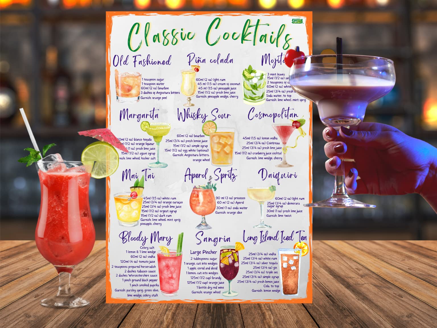 Classic Cocktails Recipes Magnetic Chart A4 format - Kitchen Pub Wall And Fridge Decor Stylish Colourful Informative Magnet Milliliters and Ounces Measurement Units