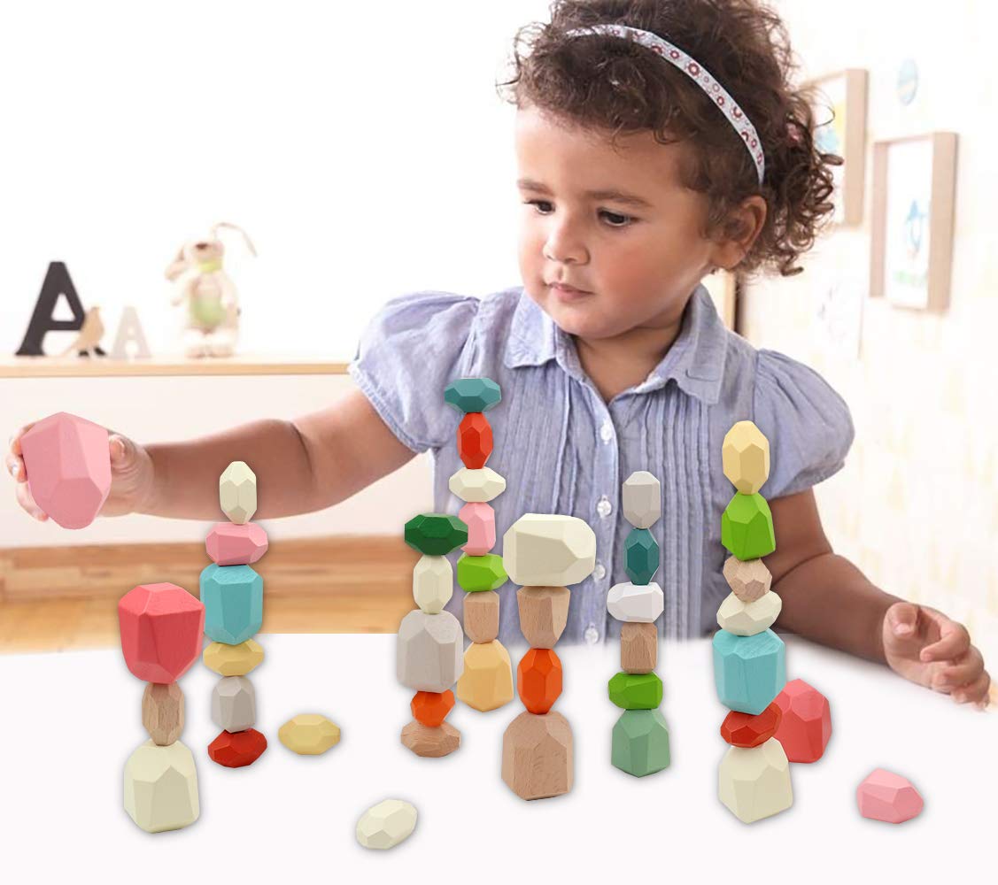 LSJDEER 40 PCS Wooden Rocks Balance Stones Building Blocks Set, Colored Wood Balancing Stone Stacking Game, Lightweight Natural Educational Preschool Learning Large Small Puzzle Toy for Kids